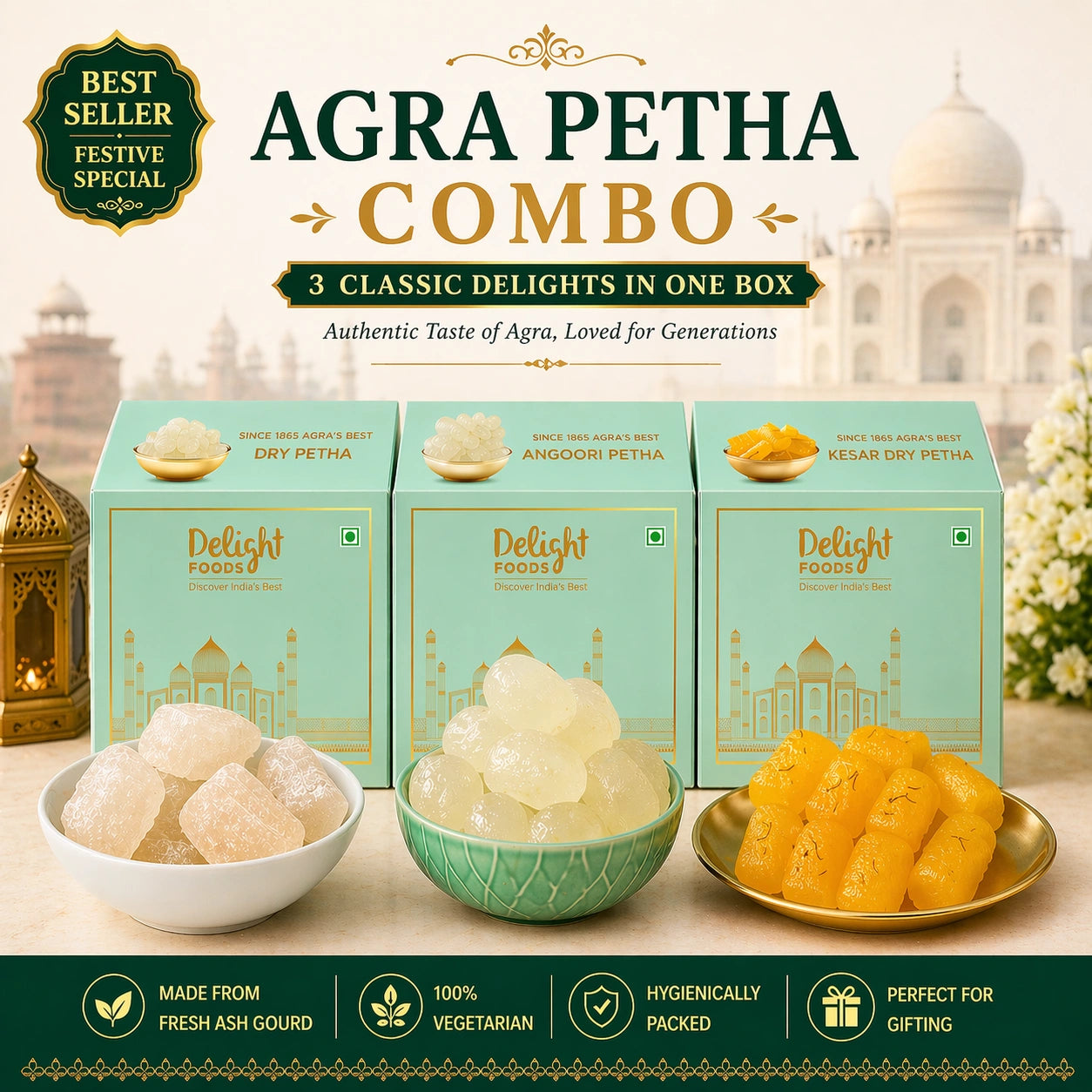 Buy Agra Petha Combo | Dry, Angoori & Kesar Petha – Delight Foods